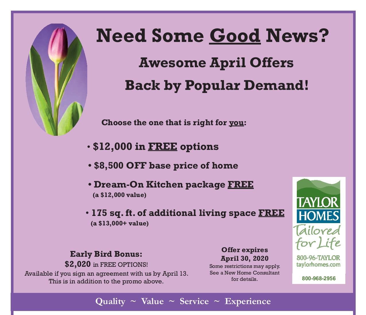 Awesome April Offers | April 2020 Specials - Taylor Homes